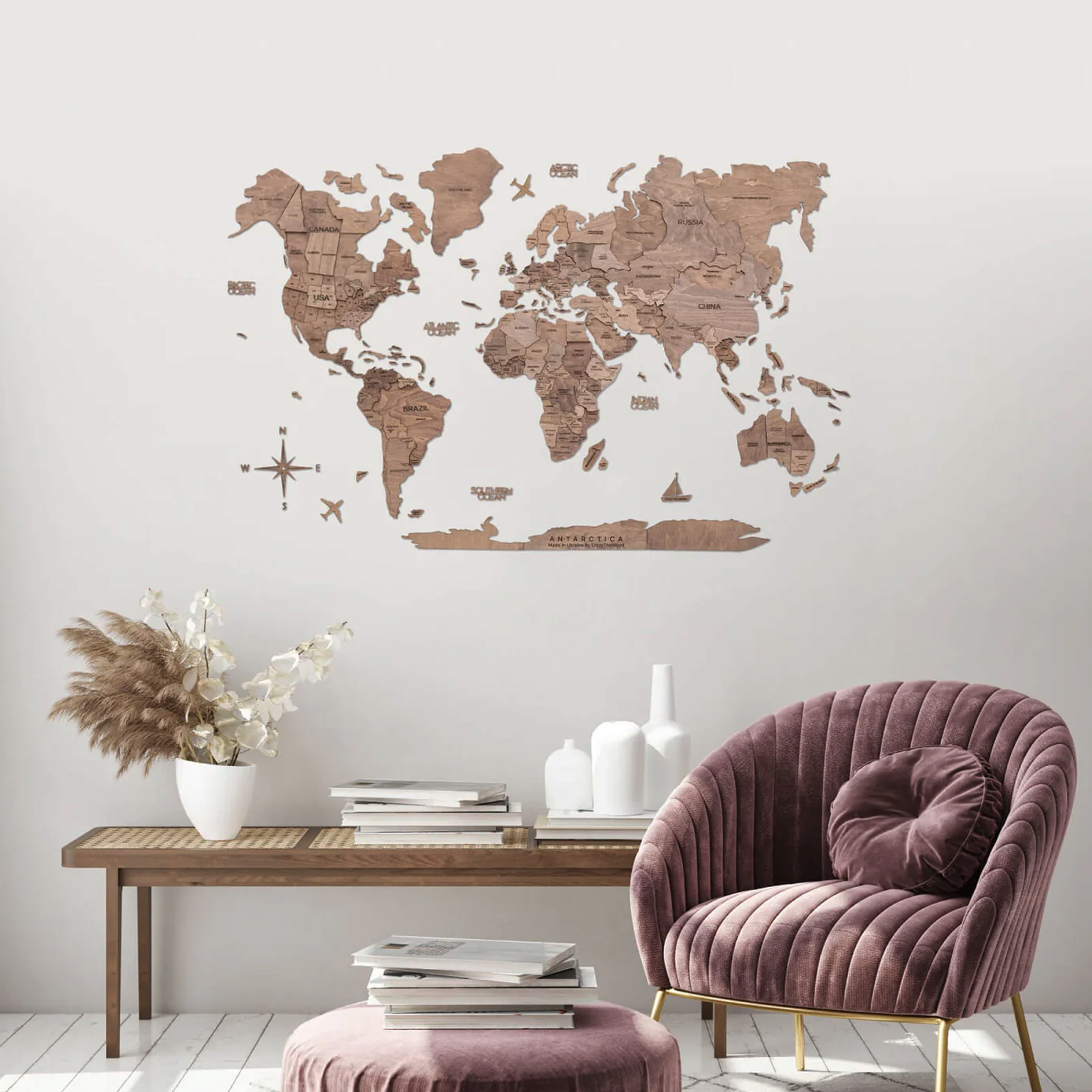 3D Wooden Terra Wall World Map | Spacio Collections India
